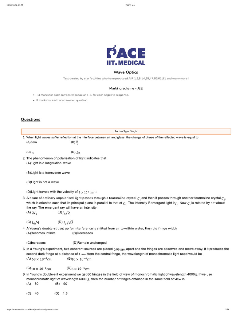 PACE - Test - NEET - Wave Optics | PDF
