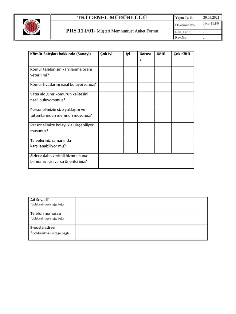 Müşteri Memnuniyet Anket Formu-1 | PDF
