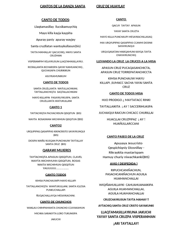 Canto-Santa-Cruz Yawar Llaqta Nueva Version | PDF