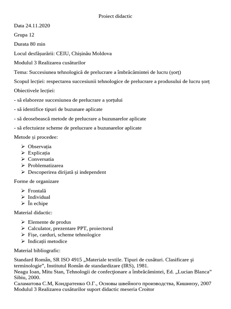 Proiect Didactic Sorț | PDF