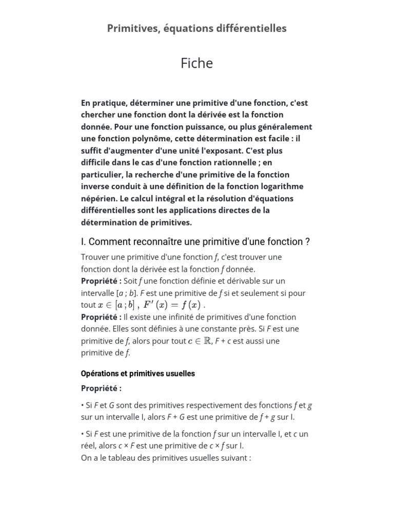 Primitives, Équations Différentielles - Assistance Scolaire Personnalisée Et Gratuite - ASP | PDF