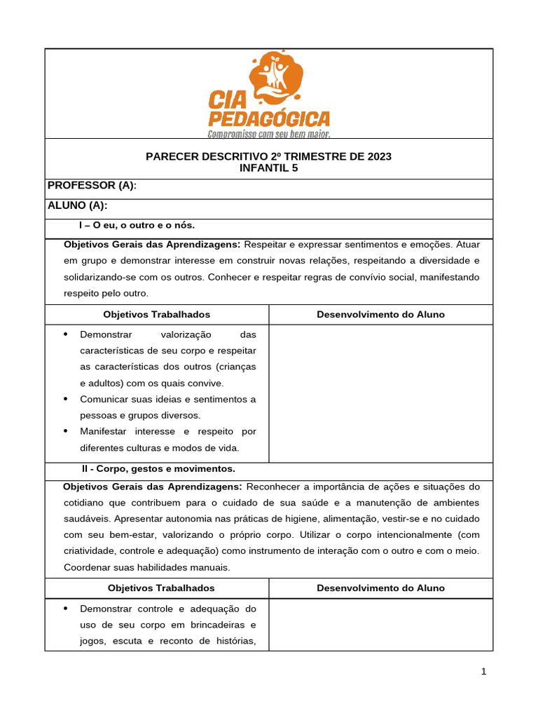 Parecer Descritivo 2º Trimestre de 2023 Inf.5 | PDF