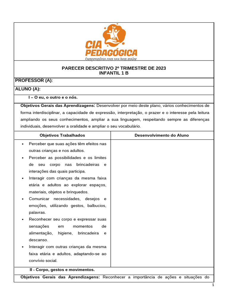 Parecer Descritivo 2º Trimestre de 2023 Inf.1 | PDF
