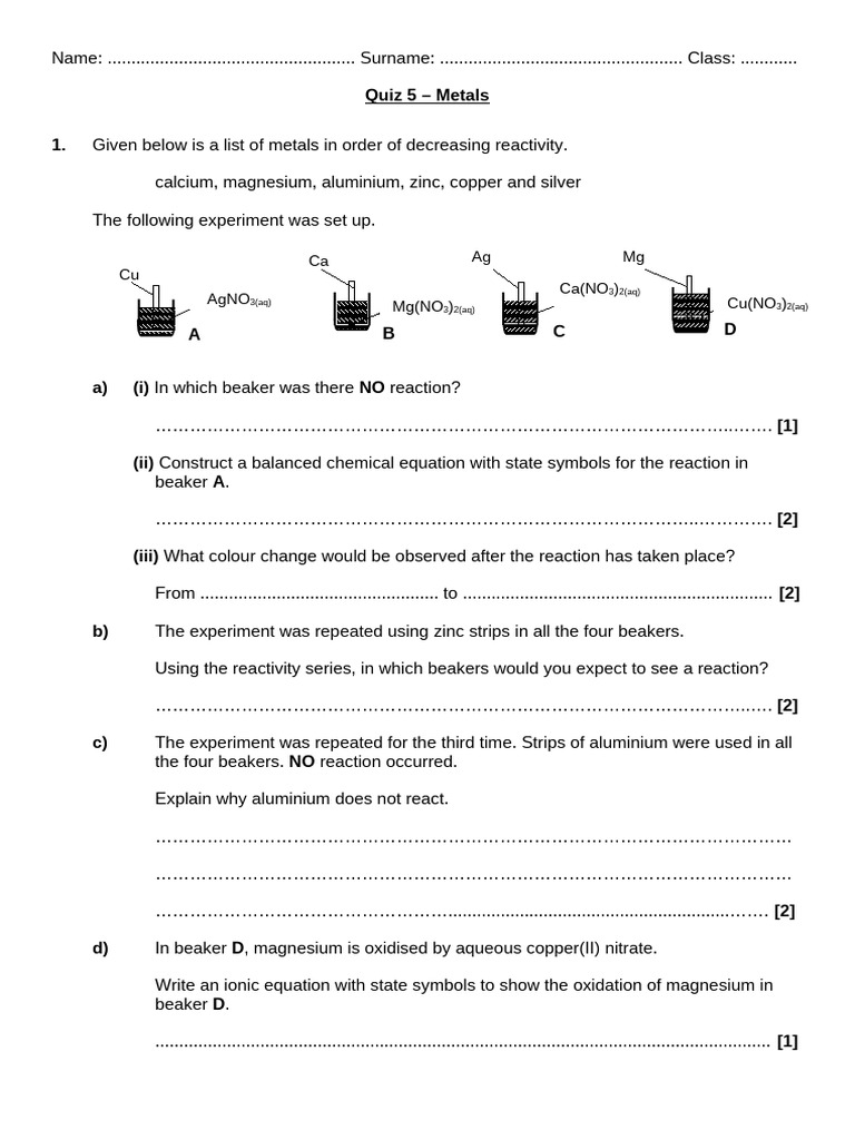 Quiz 5 - Metals | PDF