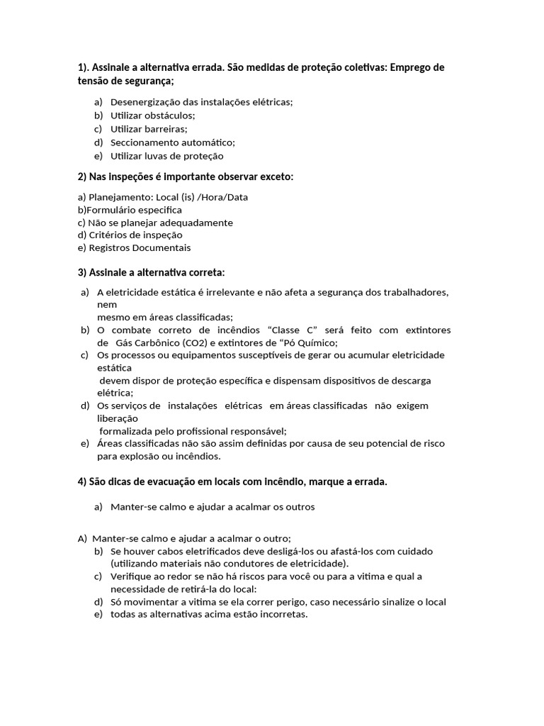 Prova Questões NR10 Com Gabarito | PDF | Eletricidade | Eletricista