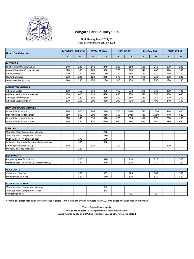 Golf Playing Fees 2022.23 | PDF