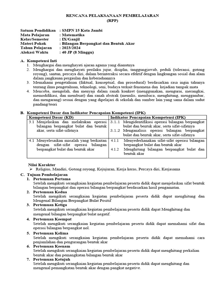 RPP 1 (IX Ganjil) Bilangan Berpangkat Dan Bentuk Akar | PDF