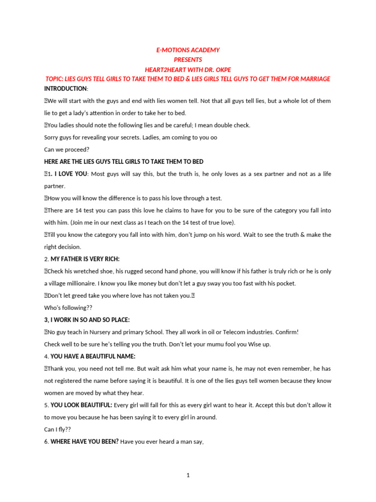 Lies Guys Tell Girls To Take Them To Bed | PDF