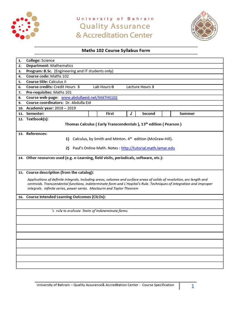 Maths102 Syllabus | PDF