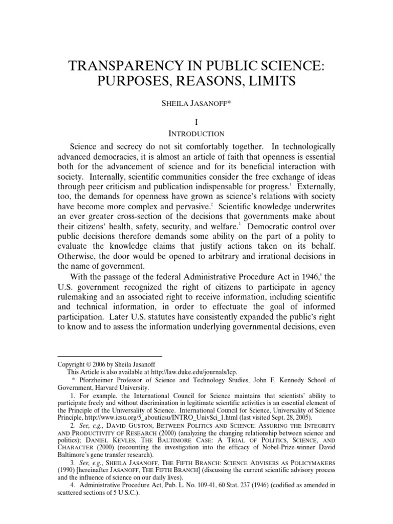 Transparency in Public Science - Purposes Reasons Limits | PDF
