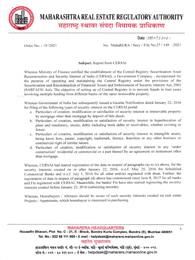 MAHARERA Order No 19 Report From CERSAI | PDF | Security Interest | Law ...