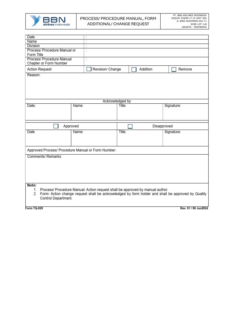 Form TQ-020 Process - Procedure Manual - or - Form Change Request | PDF
