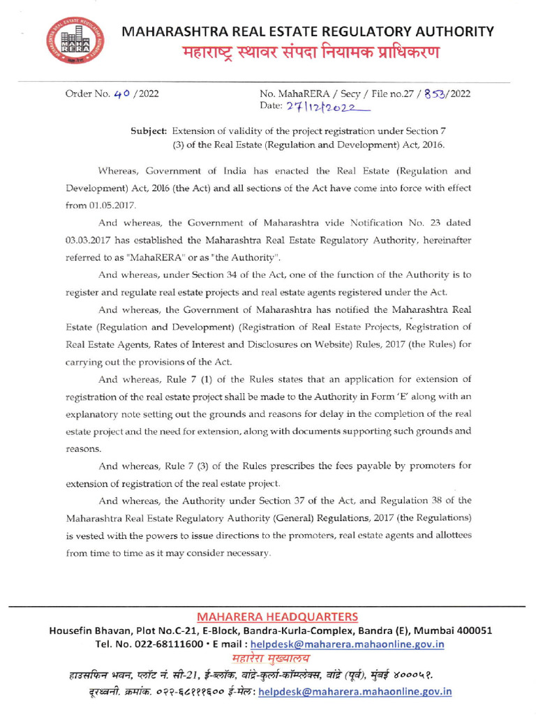 Order No 40 Extension of Validiw of The Project Registrahon Under Section 7 | PDF