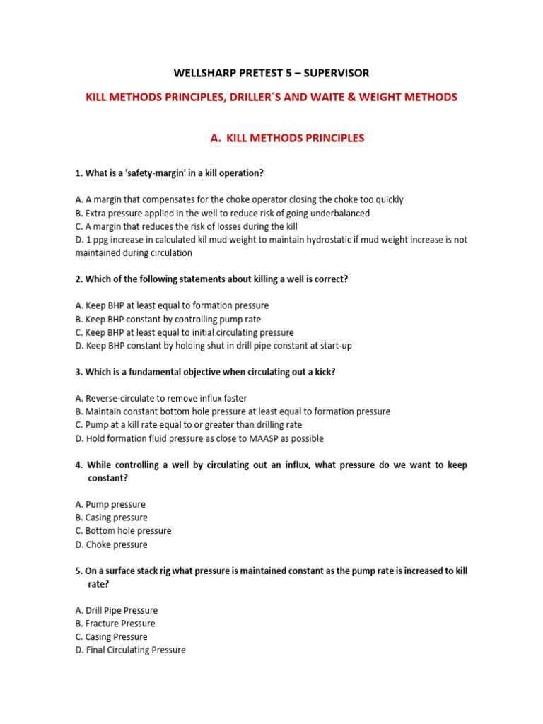 Wellsharp Pretest 5 - Supervisor - Kill Methods Principles, Driller S ...