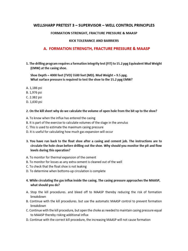 Wellsharp Pretest 3 - Supervisor - Well Control Principles (Formation ...
