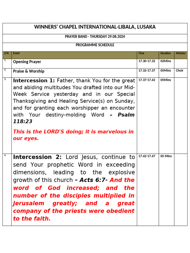 Prayer Band Schedule - Winners' Chapel | PDF | Prayer | Intercession