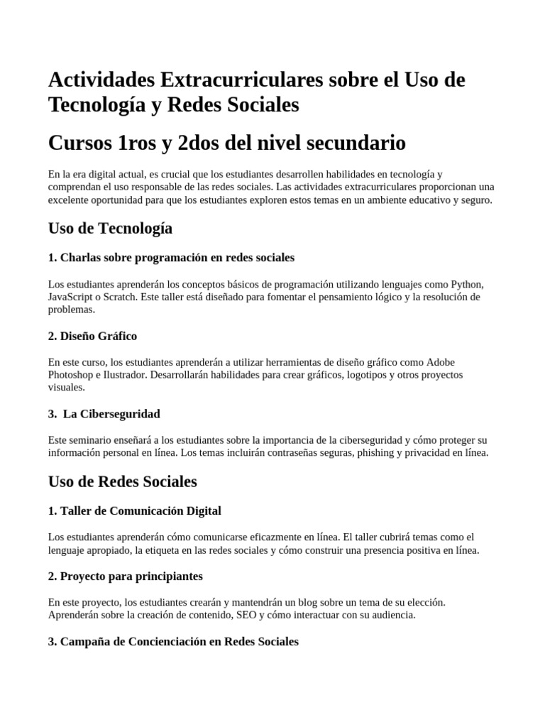 Actividades Extracurriculares Sobre El Uso de Tecnología y Redes ...