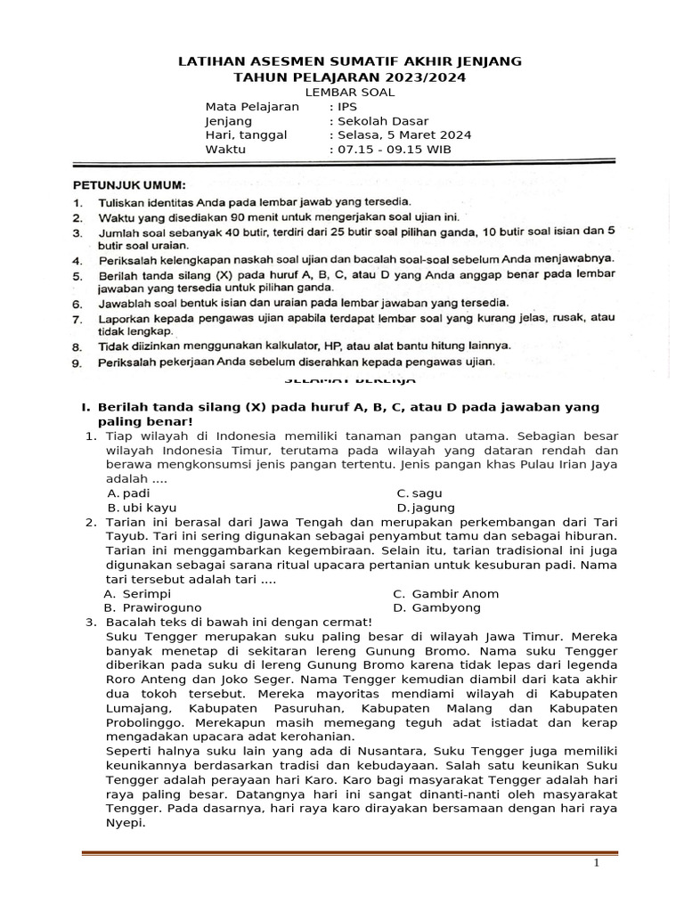 Try Out IPS Kls 6 2024 | PDF