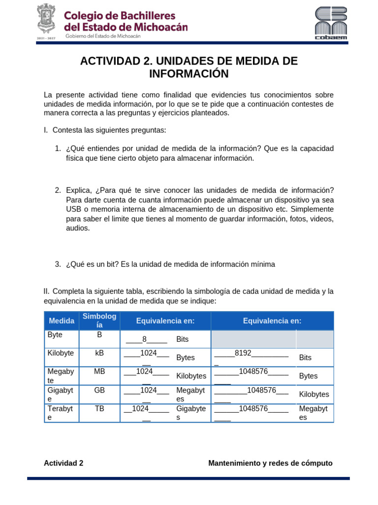 Actividad 2. Unidades de Medida de Información | PDF | Poco | Byte
