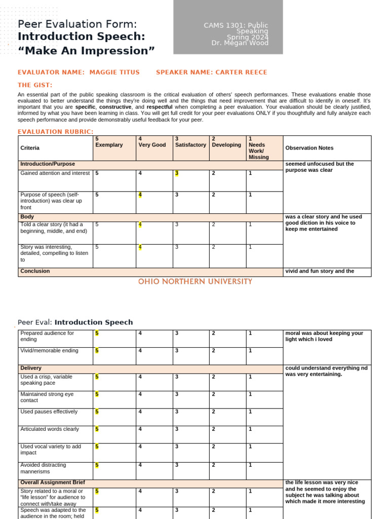 Introduction Speech (Make An Impression) PEER Evaluation Form | PDF