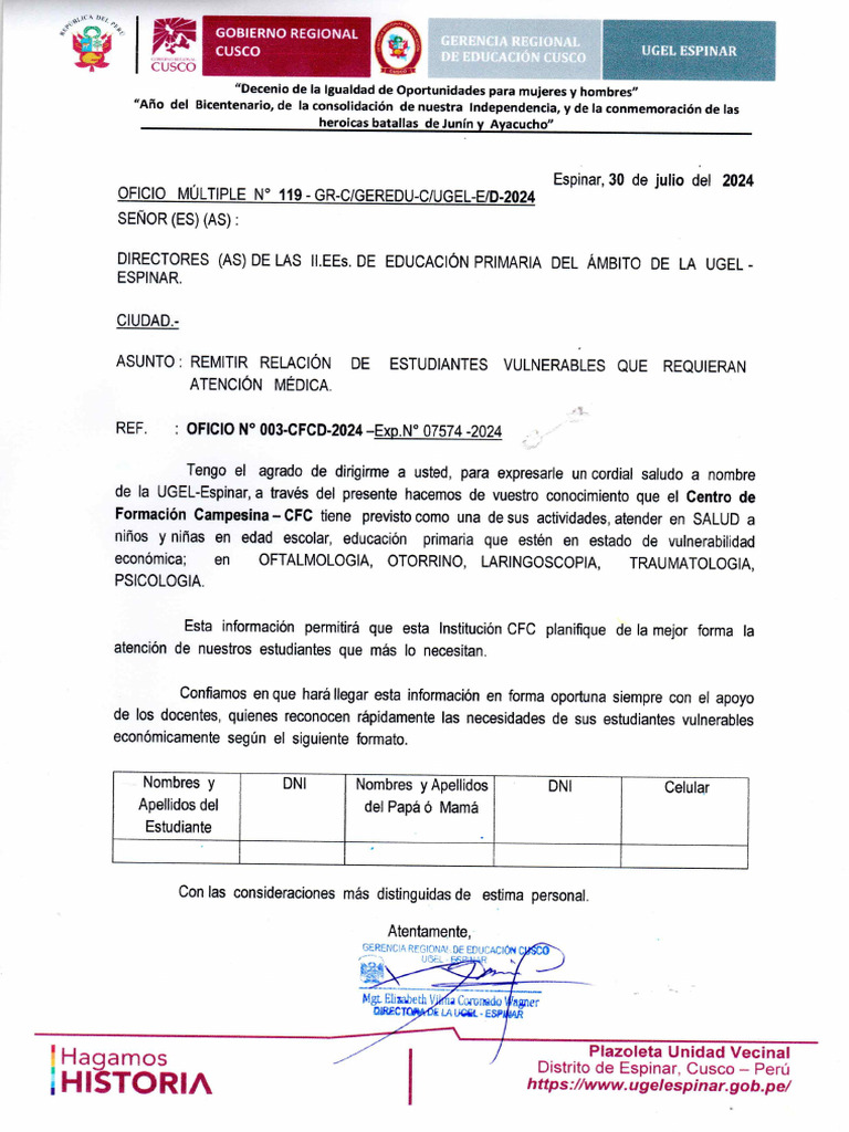 Oficio Múltiple #119 - 2024 Remitir Relación de Estudiantes Vulnerables ...