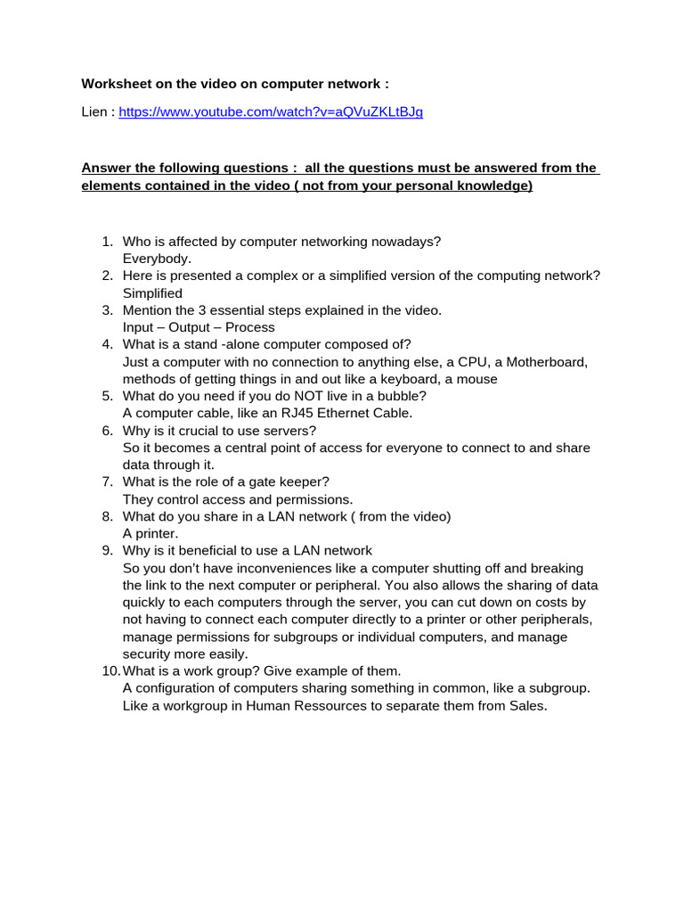 Worksheet On The Video Youtube On Computer Network | PDF