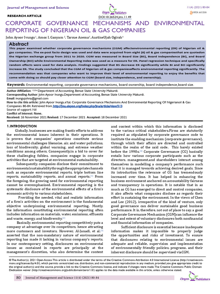 Corporate Governance Mechanisms and Envi | PDF