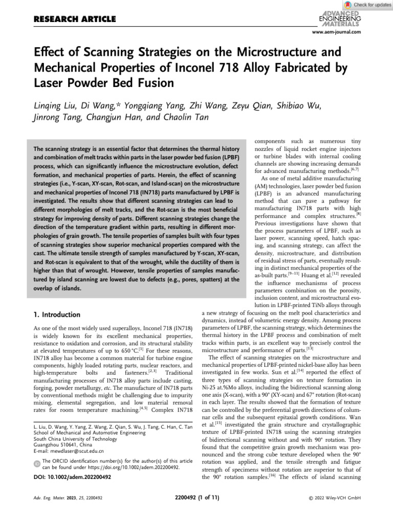 Adv Eng Mater - 2022 - Liu - Effect of Scanning Strategies On The Microstructure and Mechanical ...