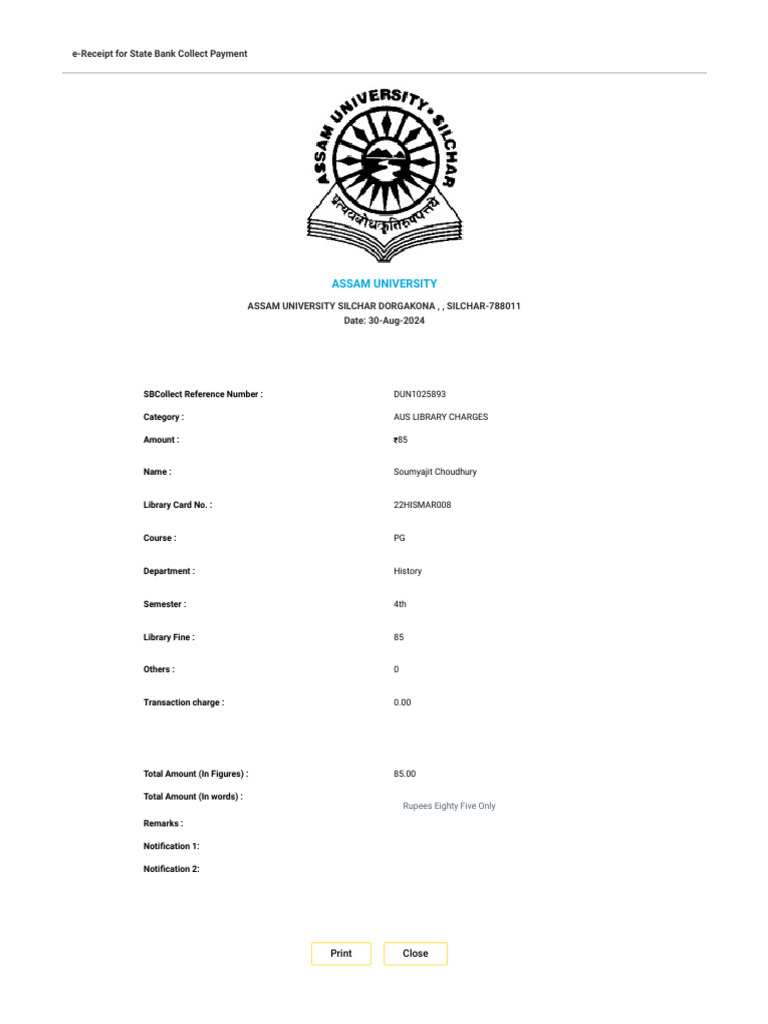 Library Fine Receipt | PDF