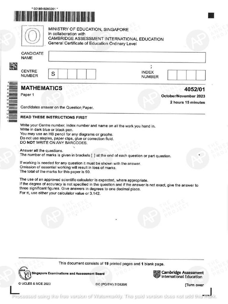 2023 O Level Elementary Mathematics Paper 1 | PDF