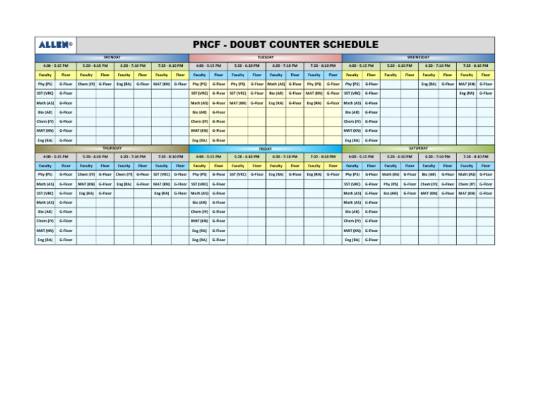 PNCF - Doubt Counter Schedule: Allen | PDF