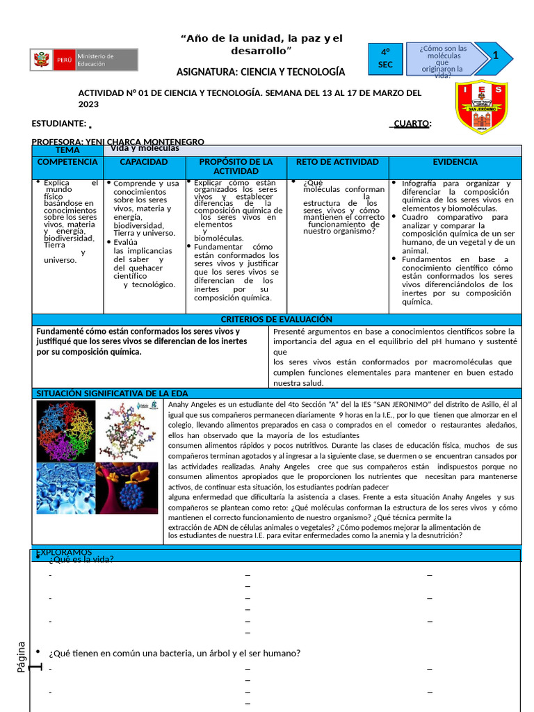 (PDF) 4° SEC. EDA 1 SEMANA 1 CYT EXPLICA 2023 Vida y Moléculas | PDF | Organismos | Ciencia y ...