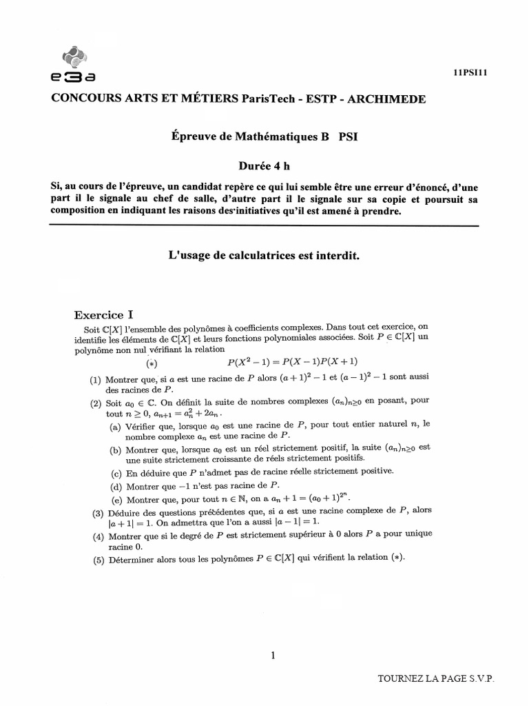 Banque E3A E4A 2011 PSI Mathématiques B e | PDF