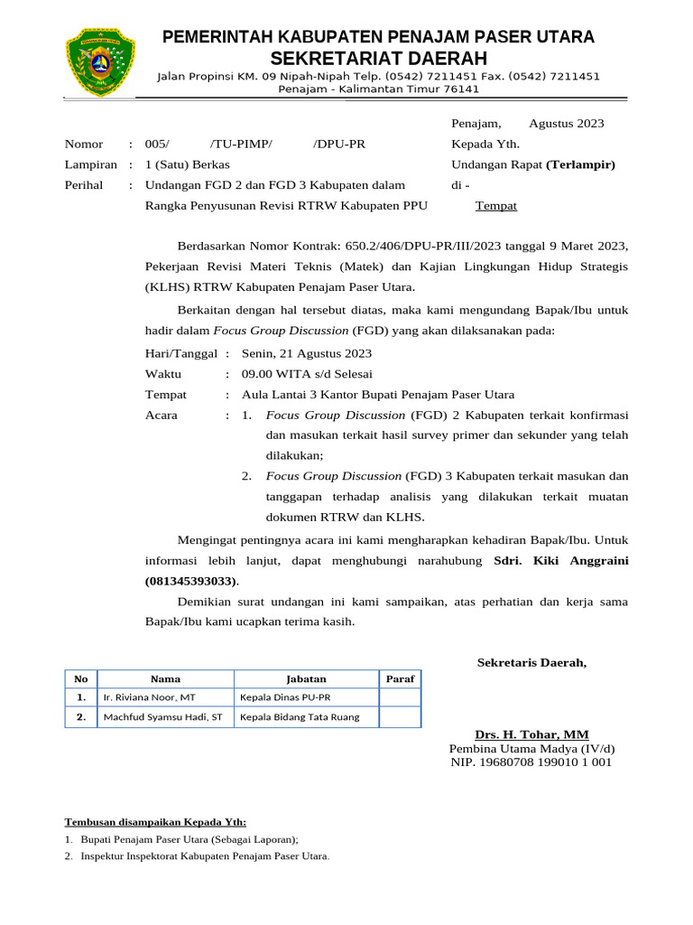 Undangan FGD Revisi RTRW Kabupaten PPU | PDF