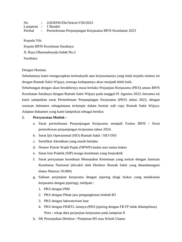 Surat Permohonan Perpanjangan Kerjasama BPJS Kesehatan | PDF