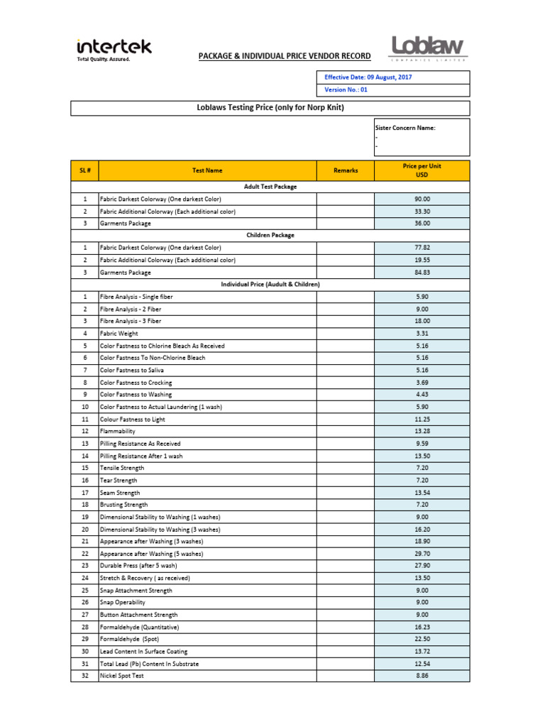 LOBLAWS (Only For NORP KNIT) Price - Version 01 - August 2017 | PDF