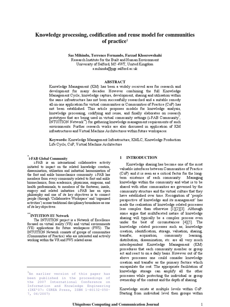 Knowledge Processing, Codification and Reuse Model For Communities of ...