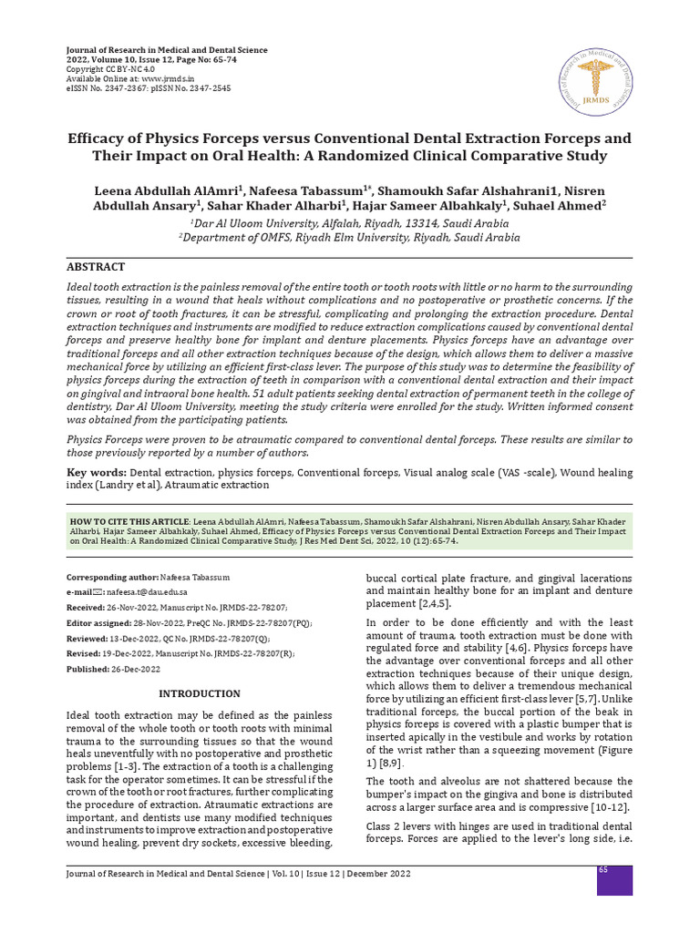 Efficacy of Physics Forceps Versus Conventional Dental Extraction ...