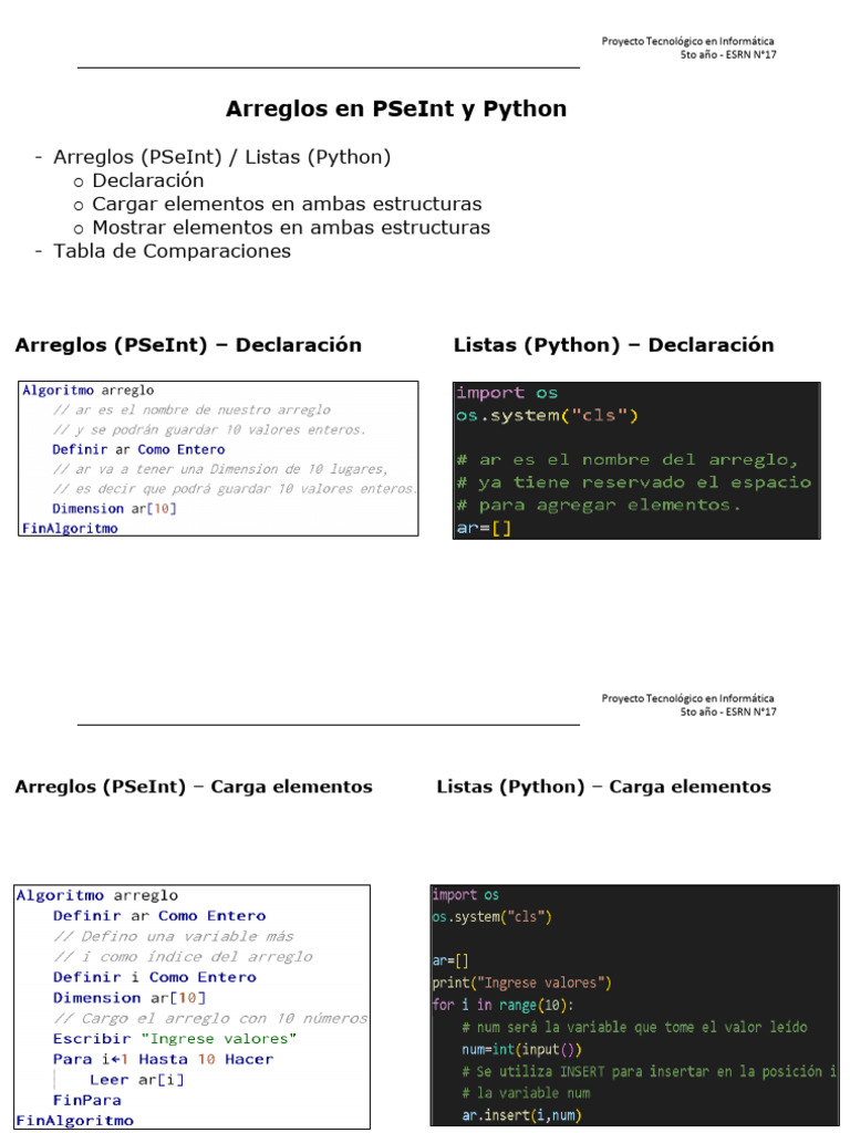 Arreglos en Pseint y Python | PDF