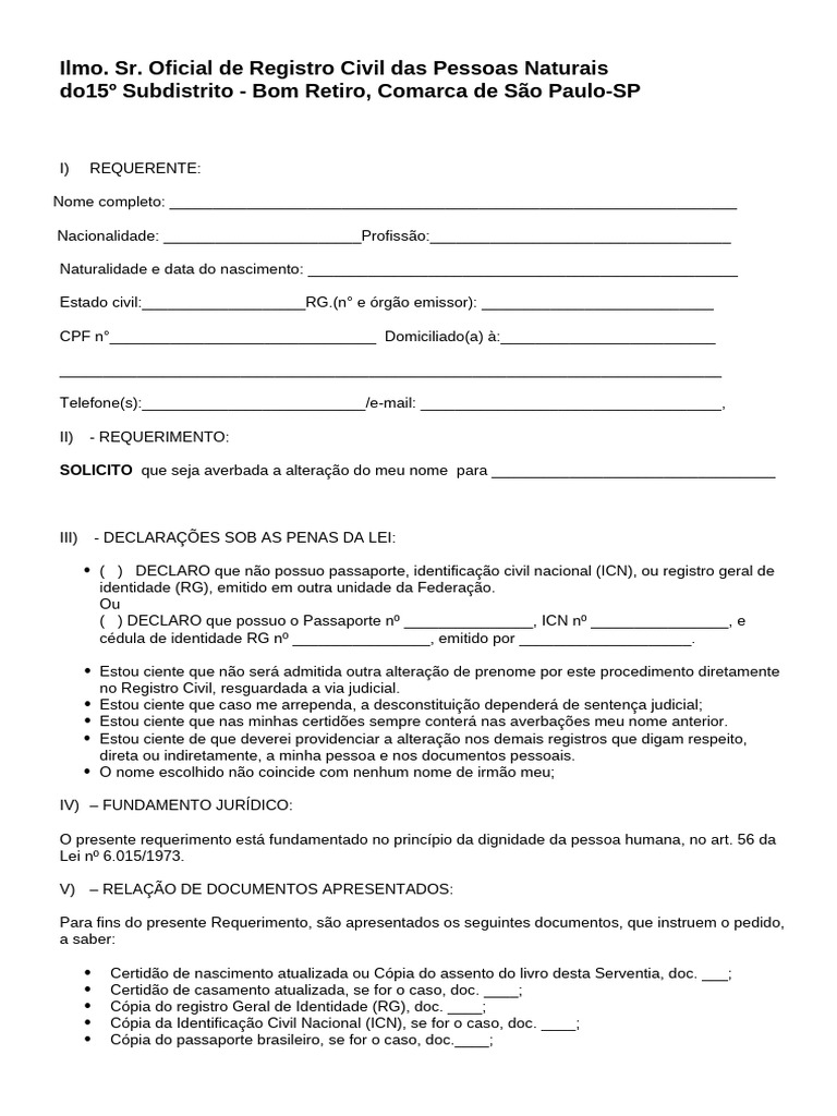 Requerimento Altreração de Prenome Artigo 56 Lei 6015 3 | PDF