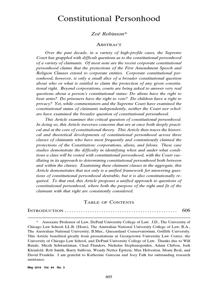 Robinson 2016 Constitutional Personhood | PDF