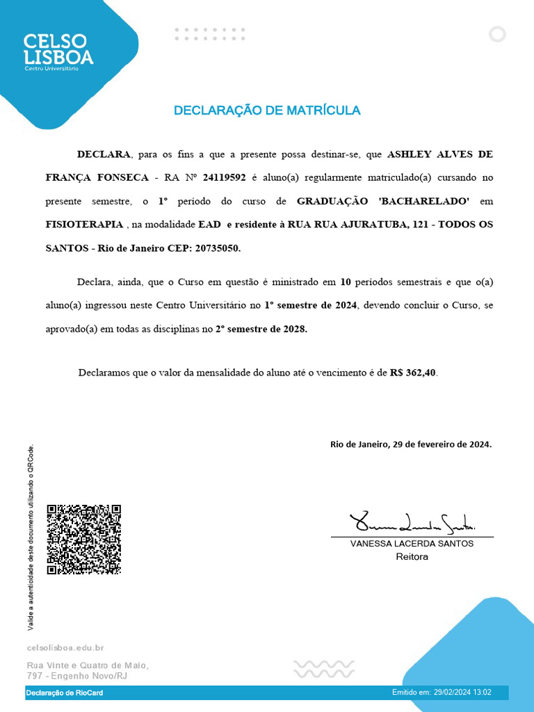 DECLARAÇÃO DE MATRÍCULA - Riocard | PDF