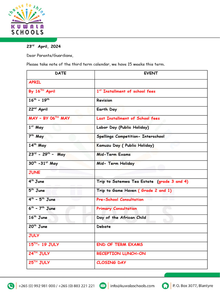 Term 3 School Calendar-2 | PDF