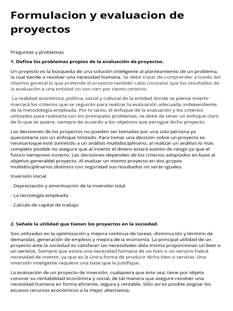 Formulacion y Evaluation de Proyectos | PDF
