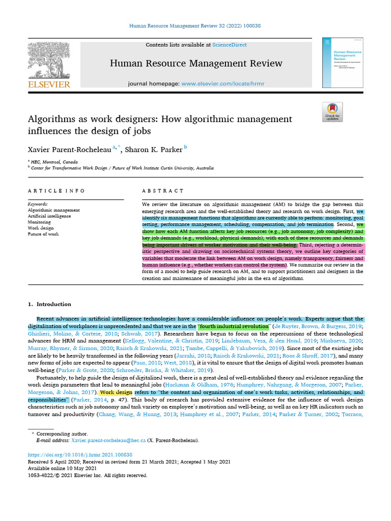 Algorithmic Management and Job Design | PDF | Cognition | Computers