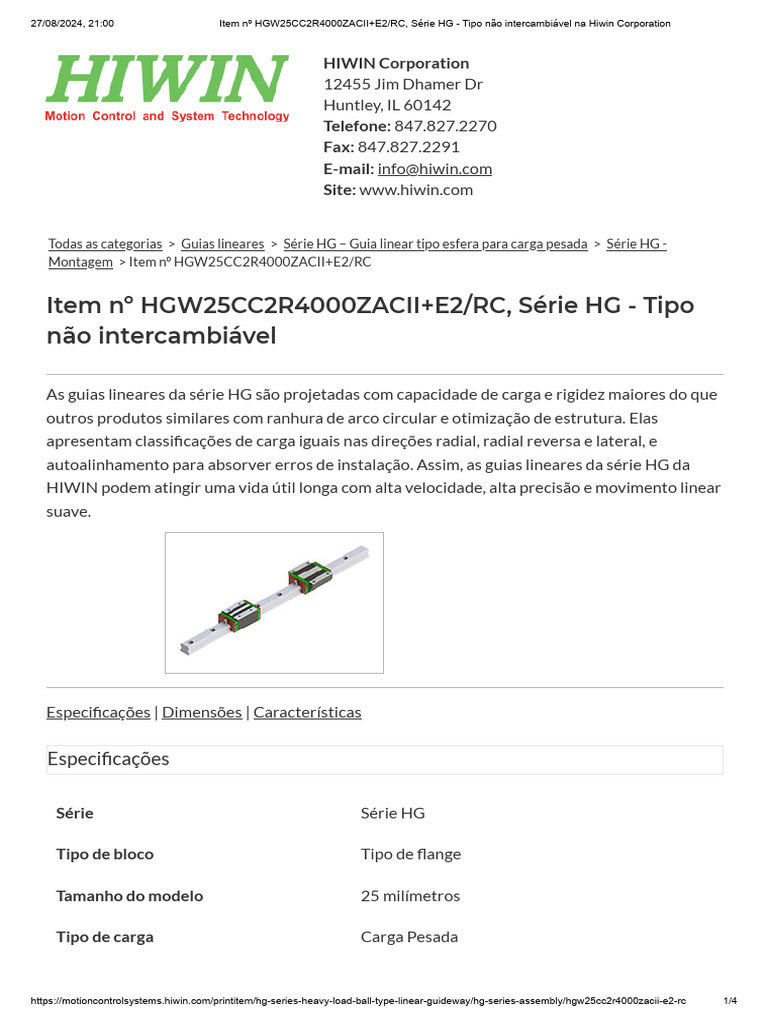 Item Nº HGW25CC2R4000ZACII+E2 - RC, Série HG - Tipo Não Intercambiável ...