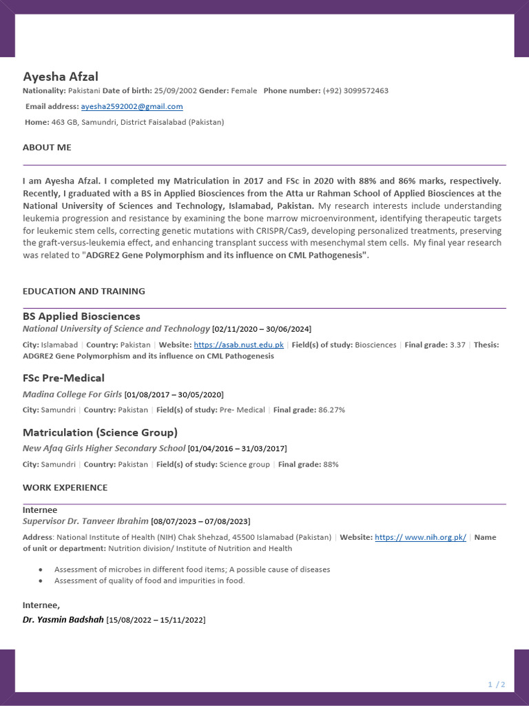 CV Ayesha | PDF