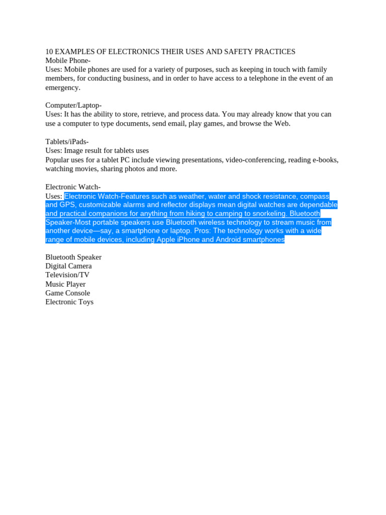 10 Examples of Electronics Their Uses and Safety Practices | PDF