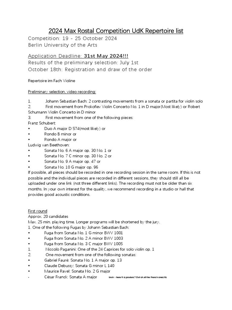 2024 Max Rostal Competition UdK Repertoire List | PDF