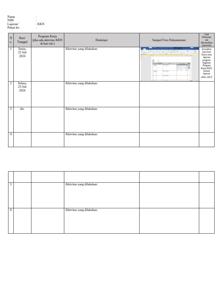 Logbook KKN-Template Standar Logbook KKN (Fleksibel, Boleh Berbeda Menyesuaikan Pembimbing) | PDF